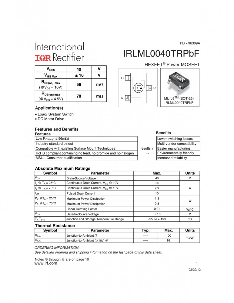 IRLML0040TRPBF datasheet page 1