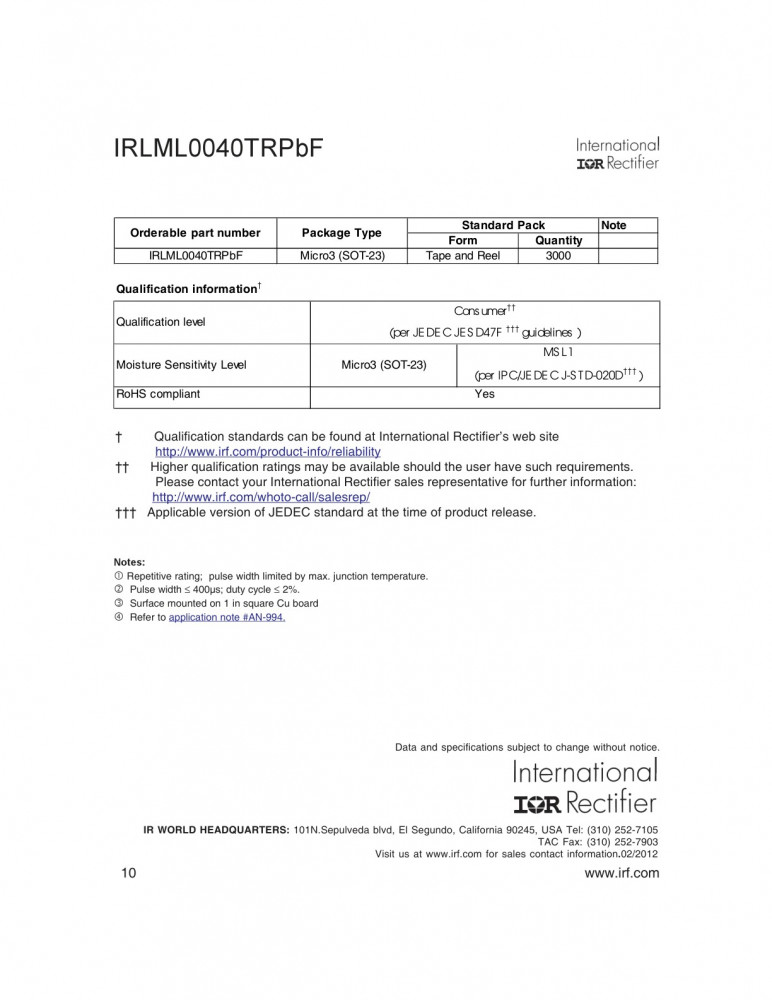 IRLML0040TRPBF datasheet page 10