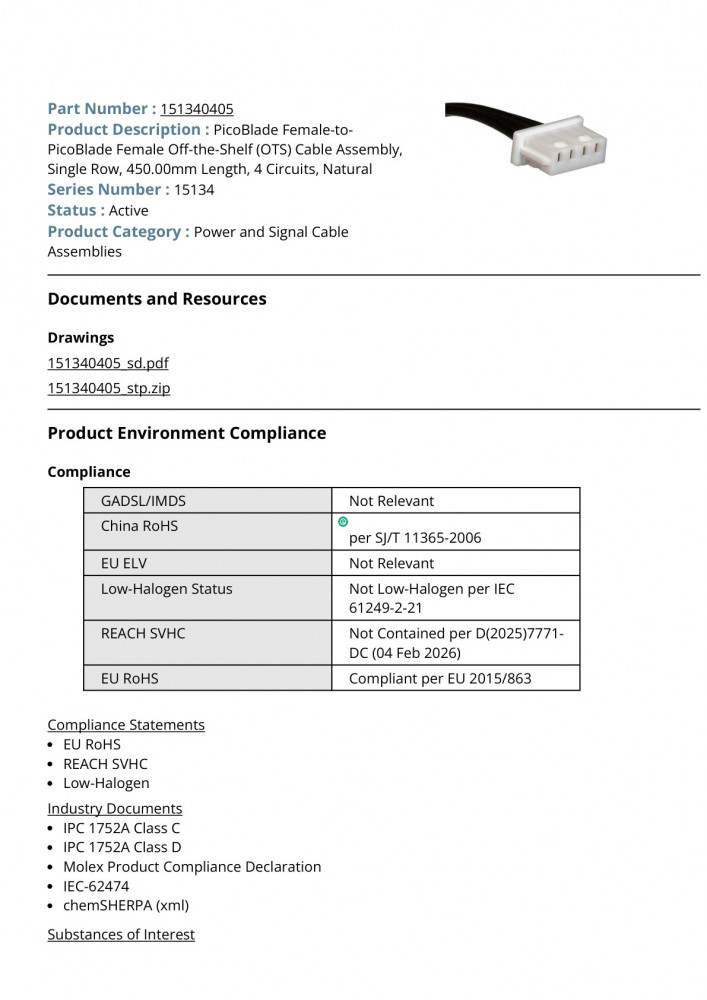 MOLEX 151340405 product drawing, page 1
