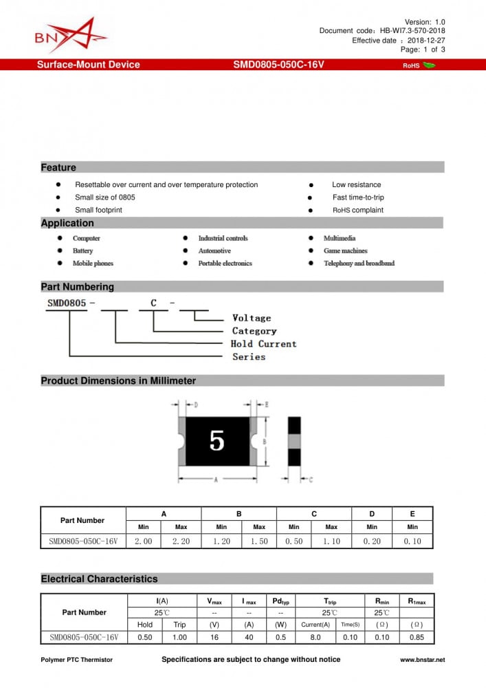BNstar SMD0805-050C-16V datasheet page 1