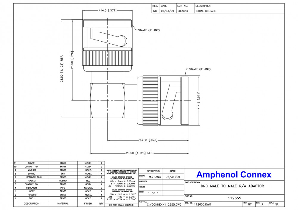 Amphenol 112655 mechanical drawing and bill of materials