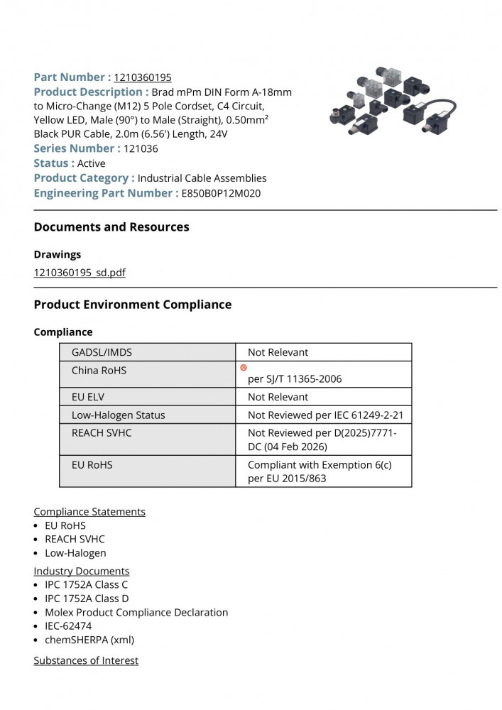 MOLEX E850 cordset drawing, page 1