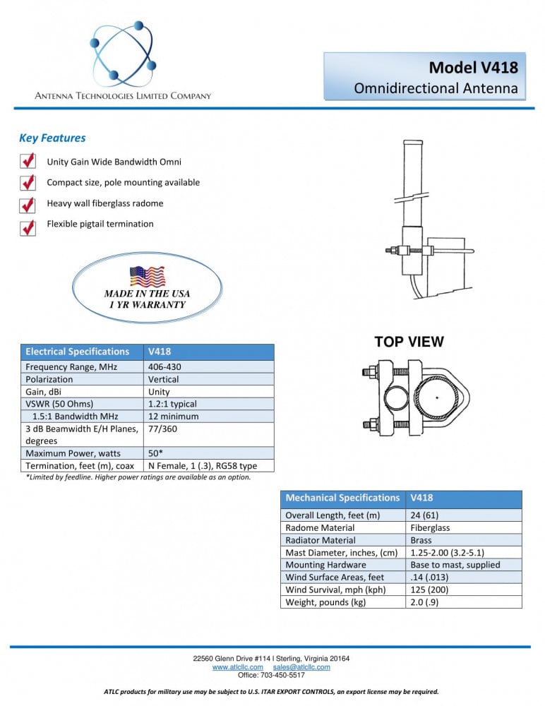 ANTENNA SPECIALISTS V418 technical document preview