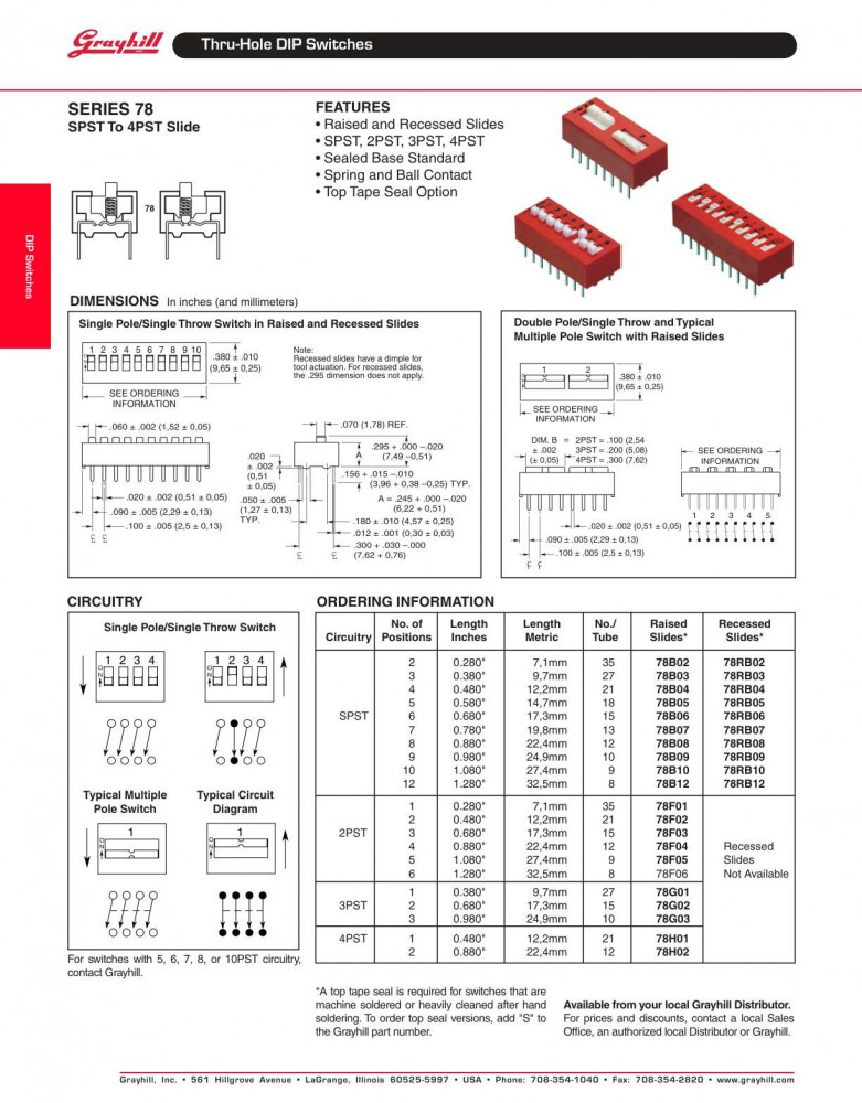 Grayhill Series 78 slide switch technical document page 1