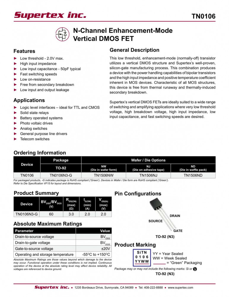 TN0106N3-G datasheet page 1