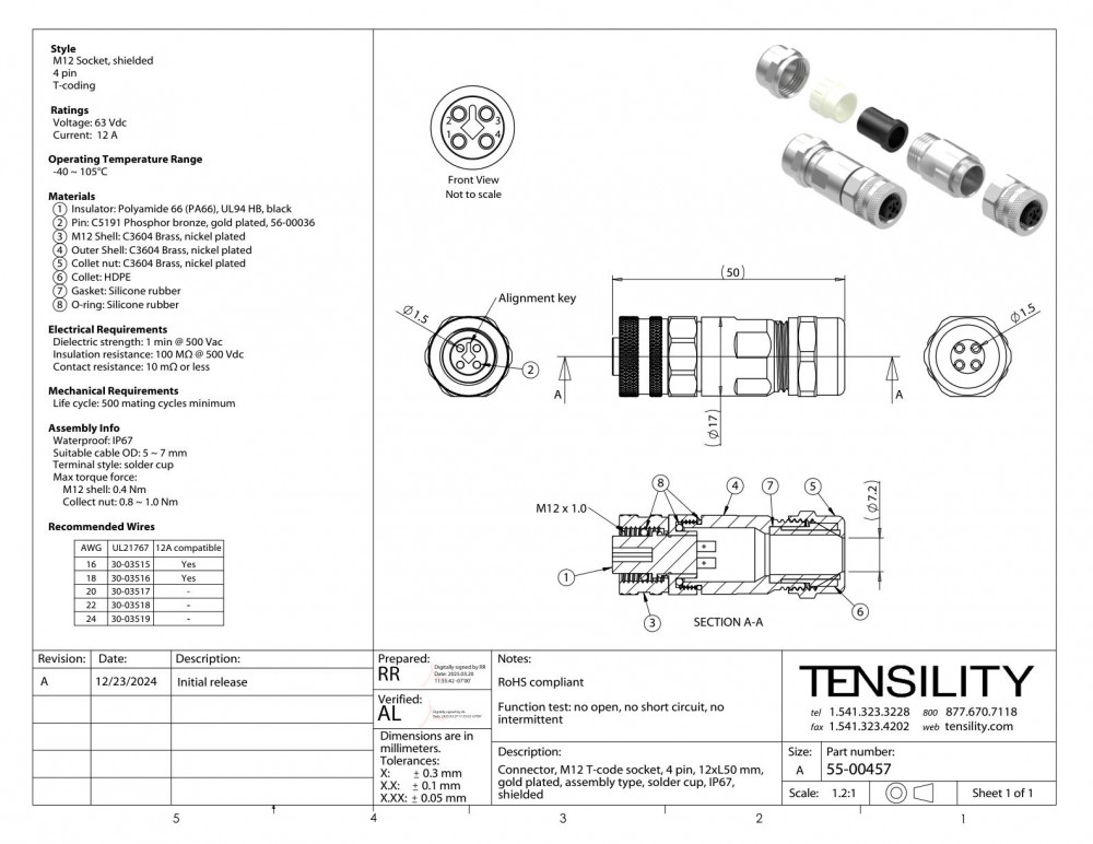 Tensility 55-00457 M12 T-coded socket product drawing