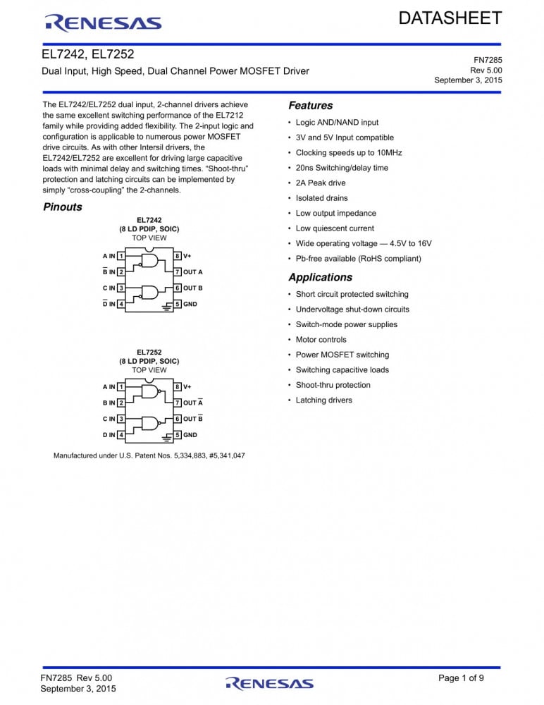 EL7242CSZ datasheet page 1