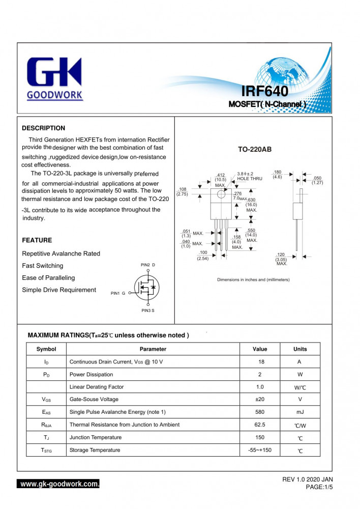 IRF640 datasheet page 1