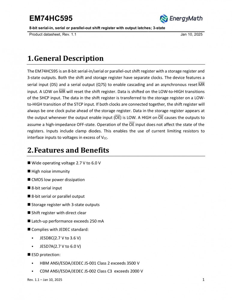 EM74HC595D datasheet page 1