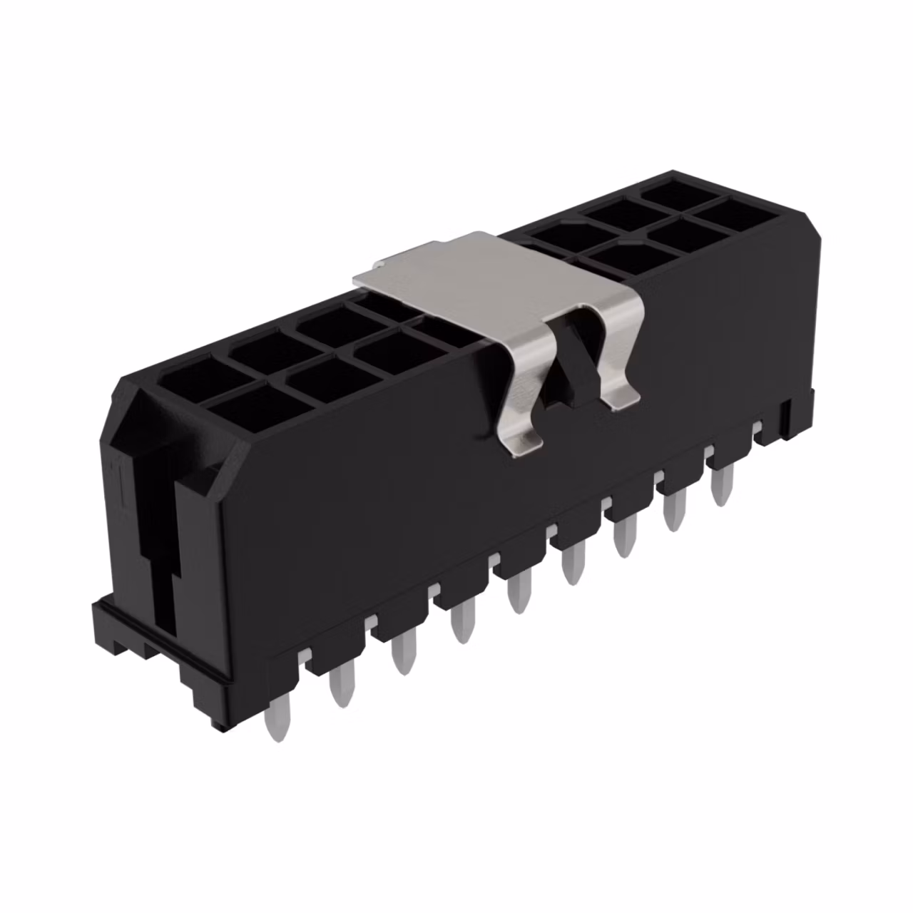 Micro-Fit 3.0 Vertical Header, 3.00mm Pitch, Dual Row, 18 Circuits, Straight Tail, with PCB Polarizing Peg, 2.54µm Matte Tin Plating, Glow-Wire Capable, Black, Tape and Reel, with Pick and Place Cap for sale