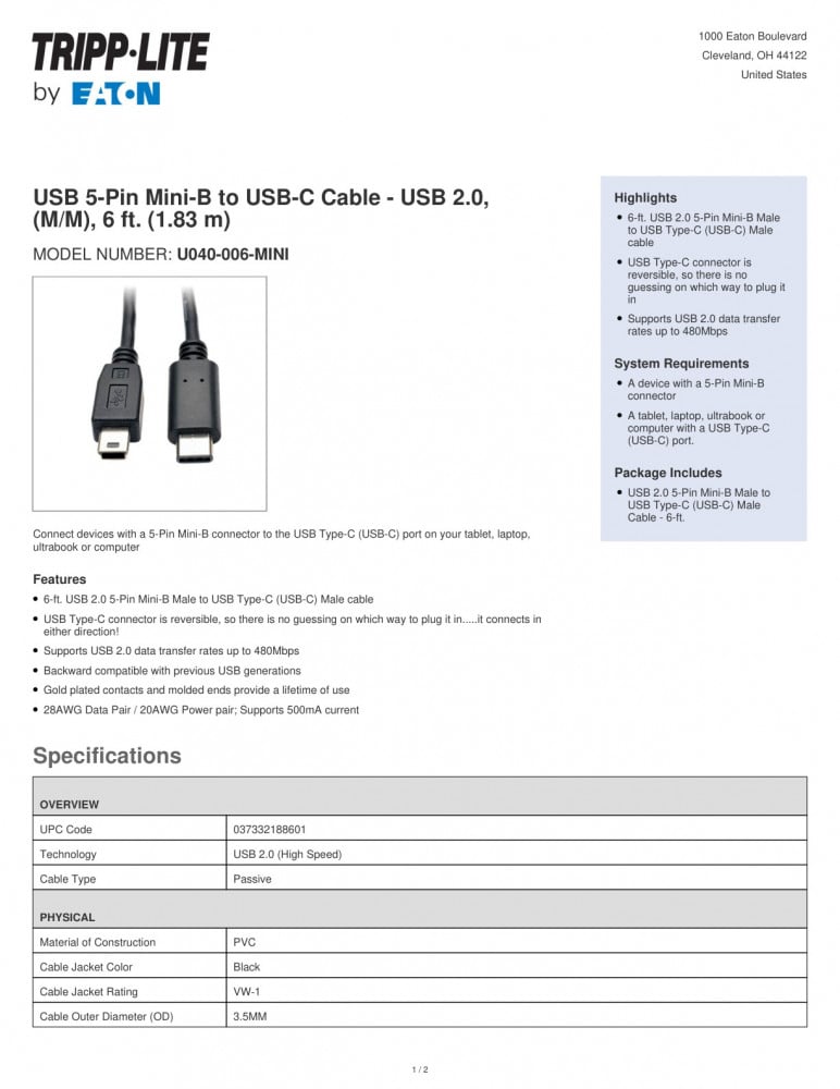 U040-006-MINI technical document page 1