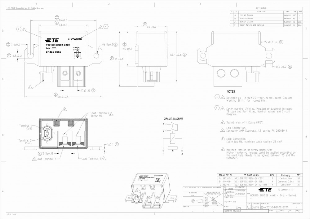 Technical drawing for TE Connectivity relay 1-1393315-1