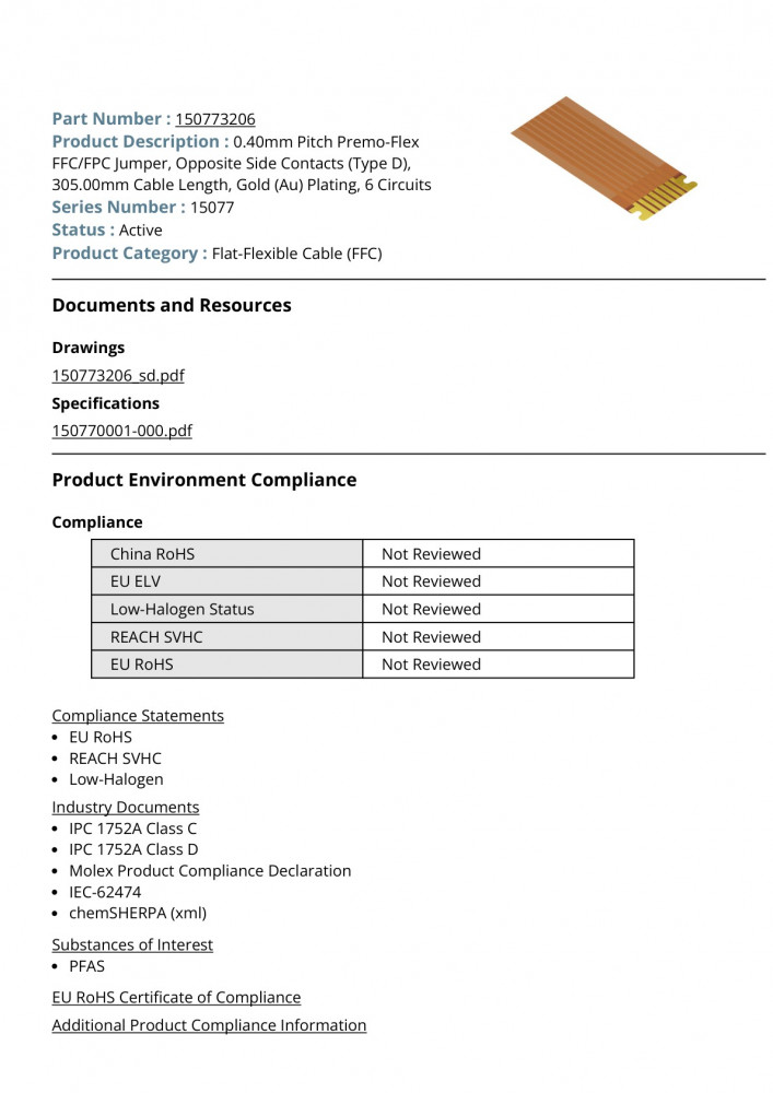 MOLEX 15077 product specification document page 1