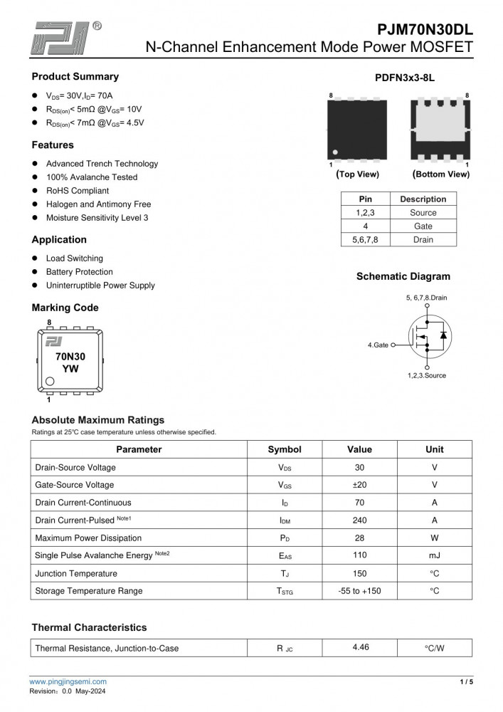 PJM70N30DL datasheet page 1