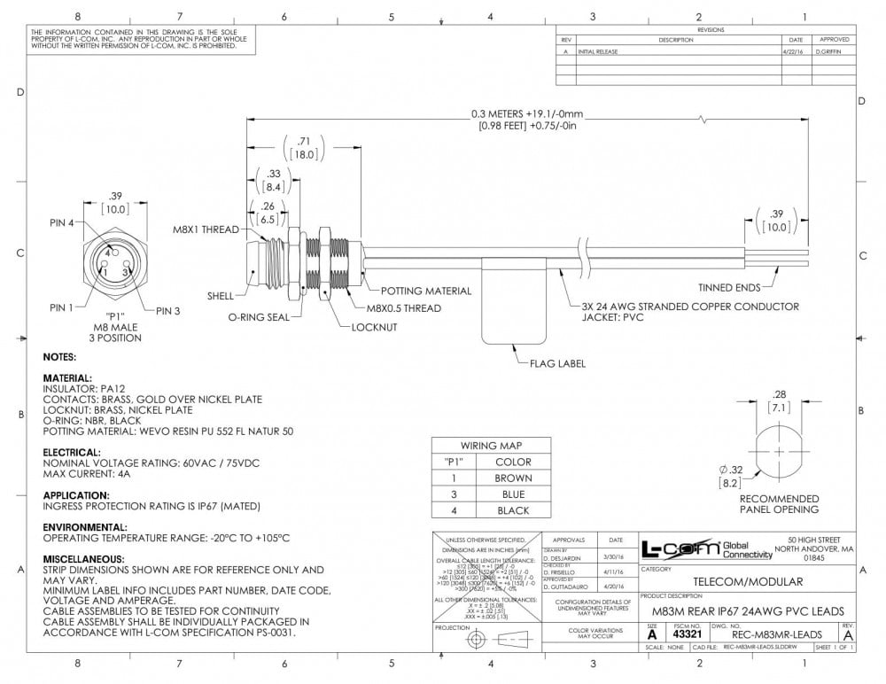 L-com REC-M83MR-LEADS technical drawing