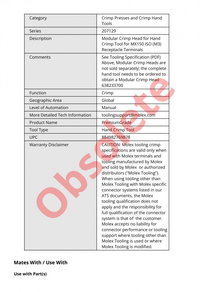 Technical document page 2 for Molex tooling