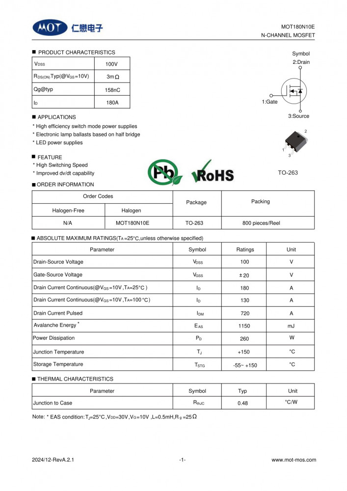 MOT180N10E datasheet page 1