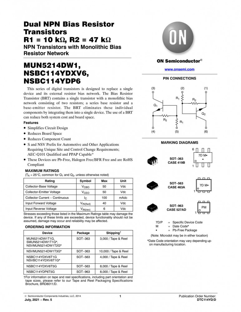 MUN5214DW1T1G datasheet page 1