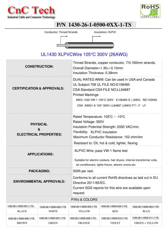 CNC Tech UL1430 26 AWG wire technical document preview