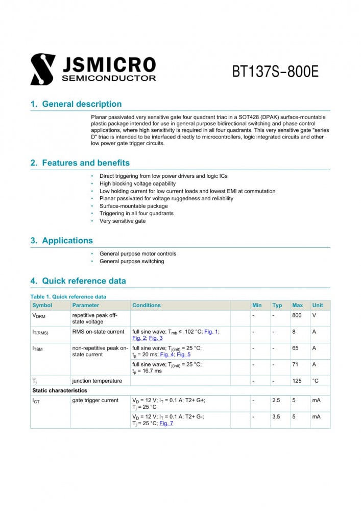 BT137S-800E datasheet page 1