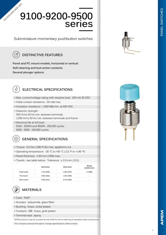 APEM 9100-9200-9500 series datasheet page 1
