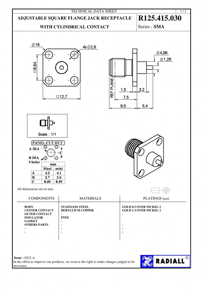 Radiall R125415030 technical data sheet page 1