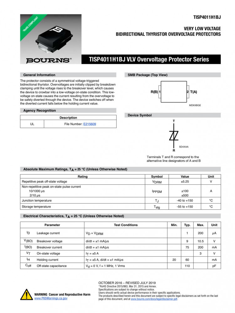 Bourns TISP4011H1BJ datasheet page 1