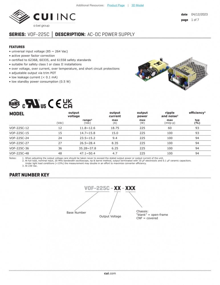 CUI VOF-225C series datasheet page 1