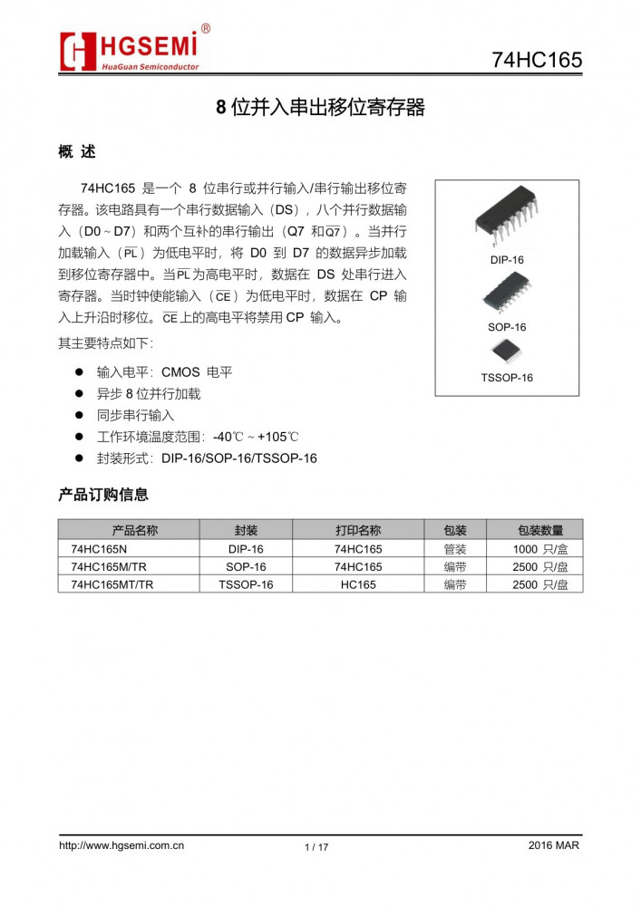 74HC165N datasheet page 1