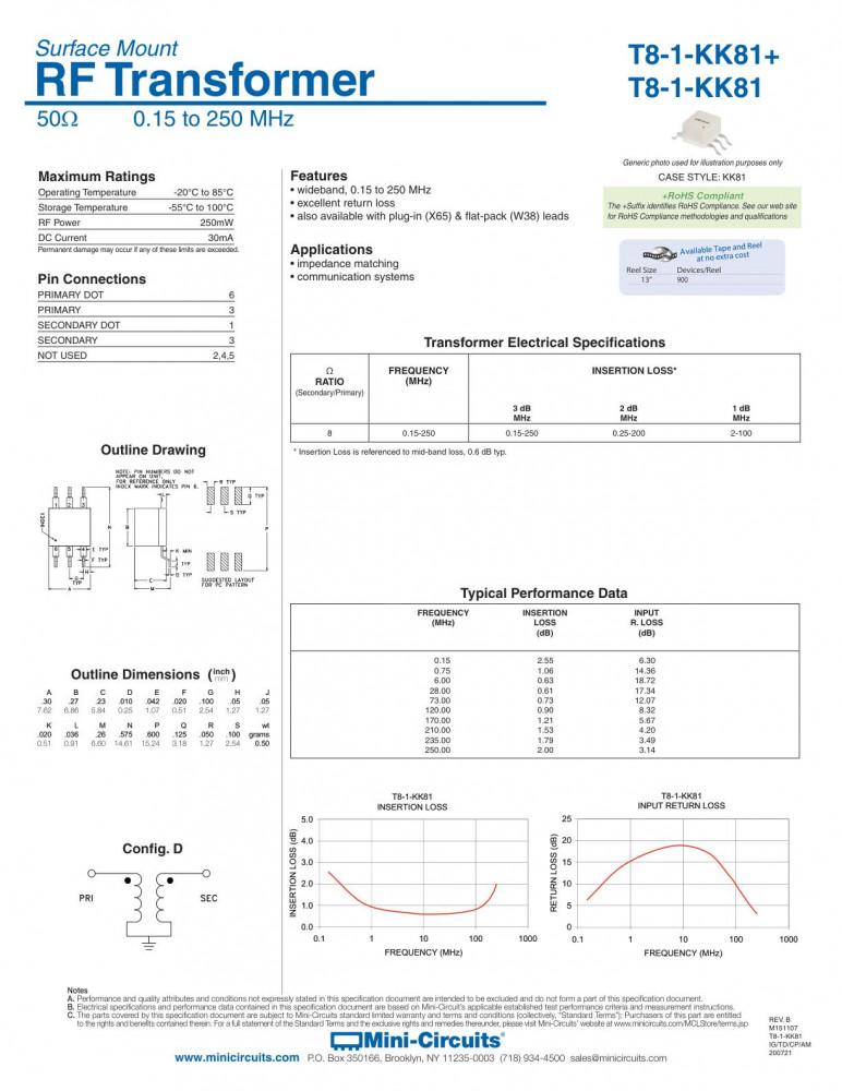 Mini-Circuits T8-1-KK81+ technical document preview