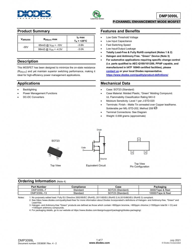 DMP3099L-7 datasheet page 1