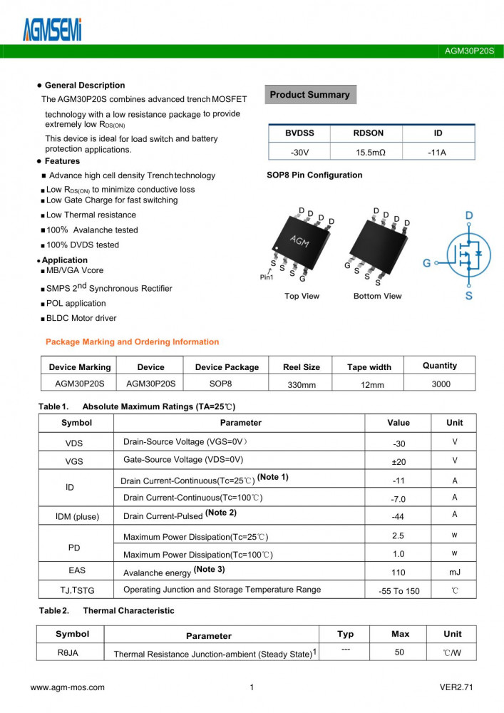 AGM30P20S datasheet page 1