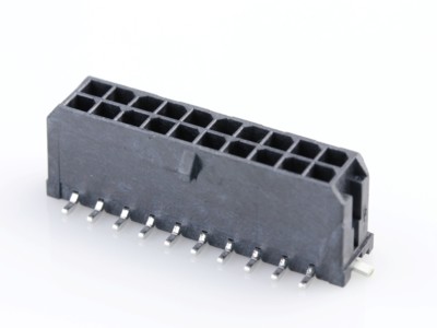 Micro-Fit 3.0 Vertical Header, 3.00mm Pitch, Dual Row, 18 Circuits, with Solder Tab, 1.52µm Matte Tin Plating, Glow-Wire Capable, Black, Tape and Reel