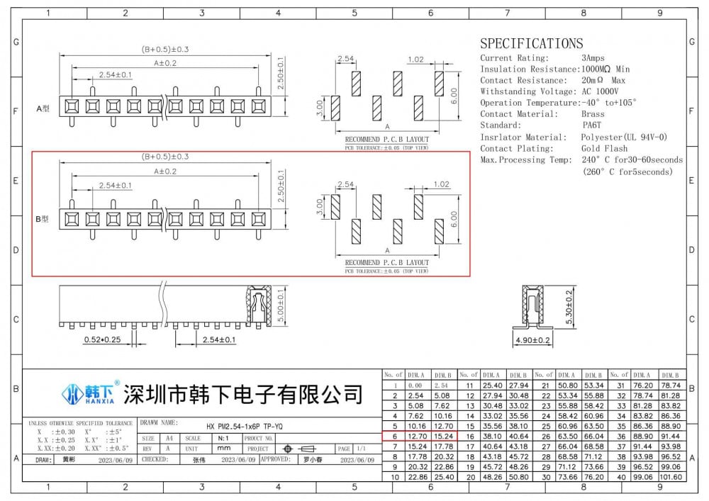 HX PM2.54-1x6P TP-YQ technical document preview