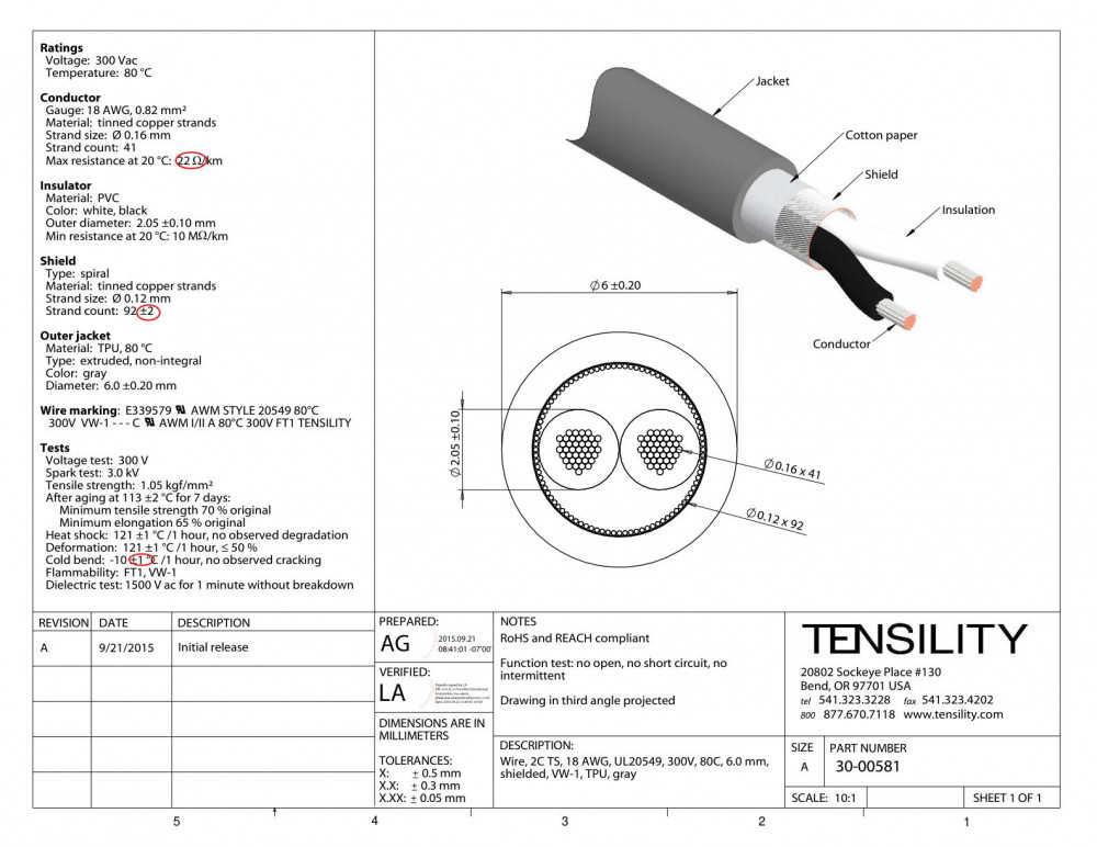 Tensility 30-00581 cable drawing and specification page