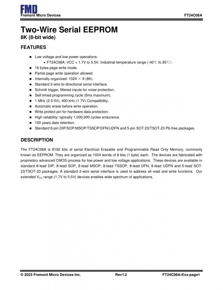 FT24C08A datasheet page 1