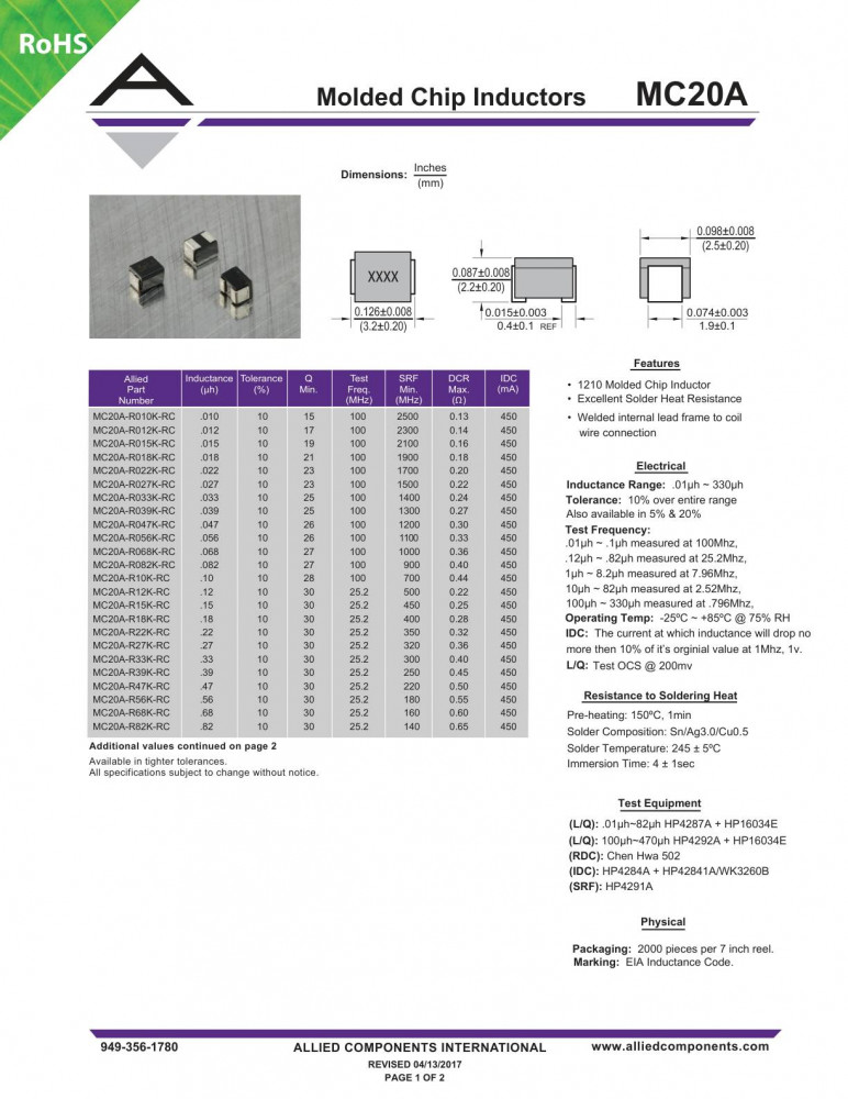 Allied Components International MC20A molded chip inductor datasheet, page 1