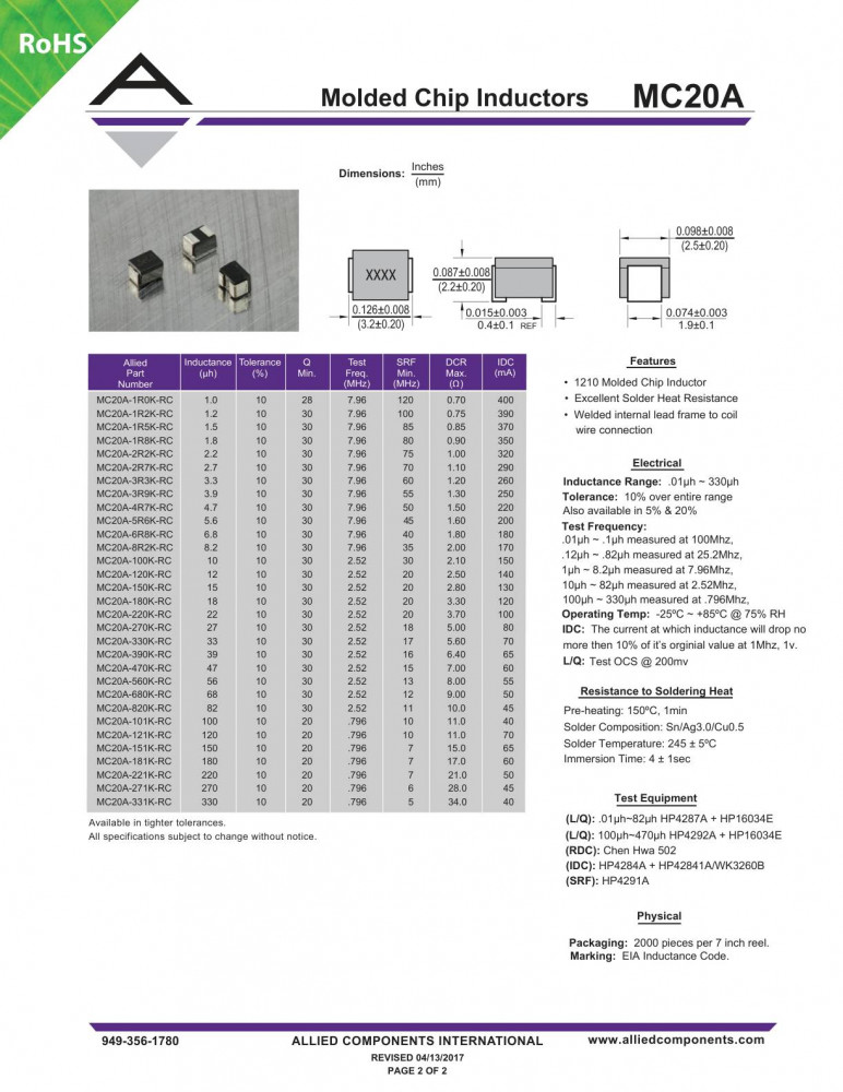 Allied Components International MC20A molded chip inductor datasheet, page 2