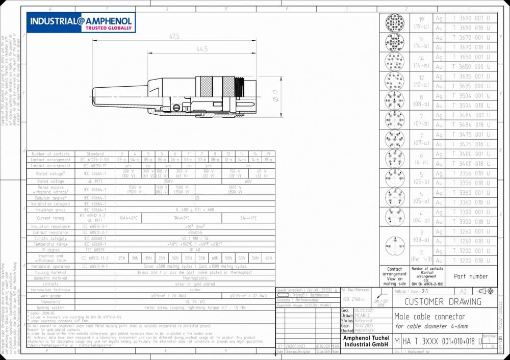 Amphenol T3360001U technical drawing page