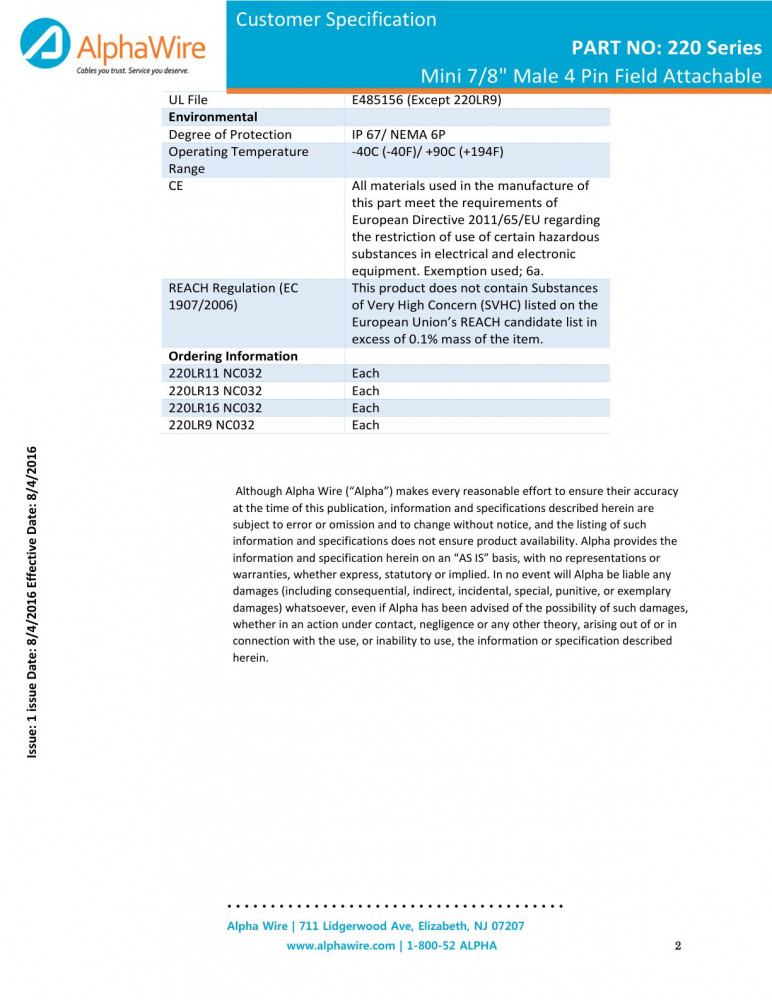 220LR16 NC032 technical data