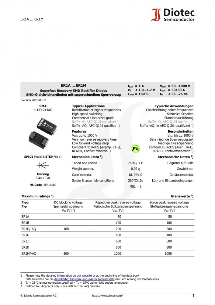 DIOTEC ER1J datasheet page 1