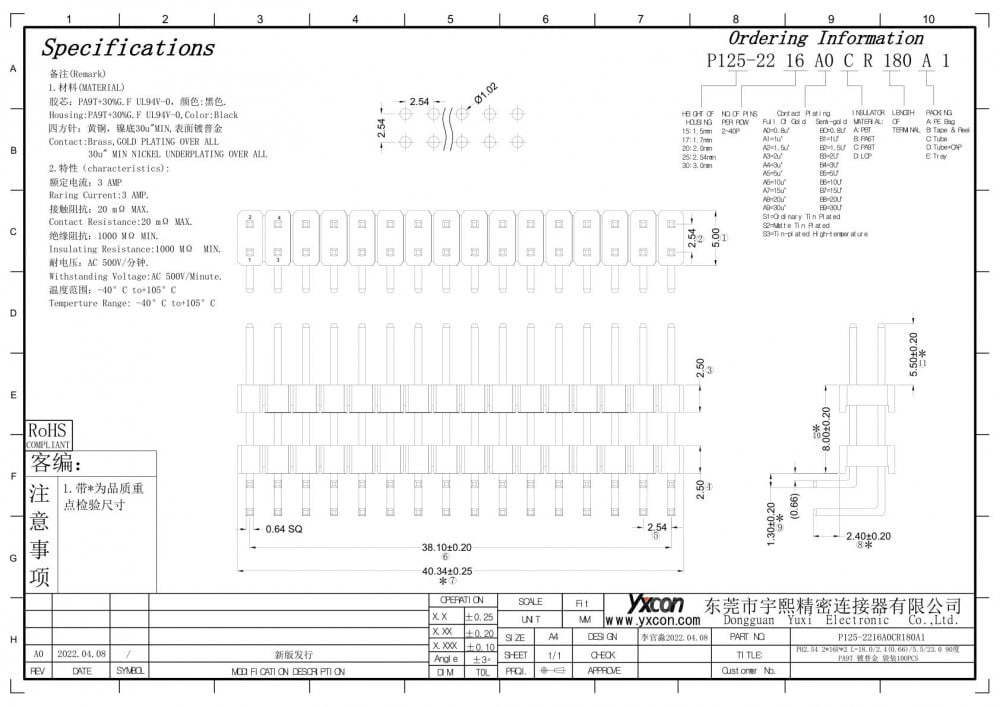 Yxcon P125-2216A0CR180A1 technical drawing