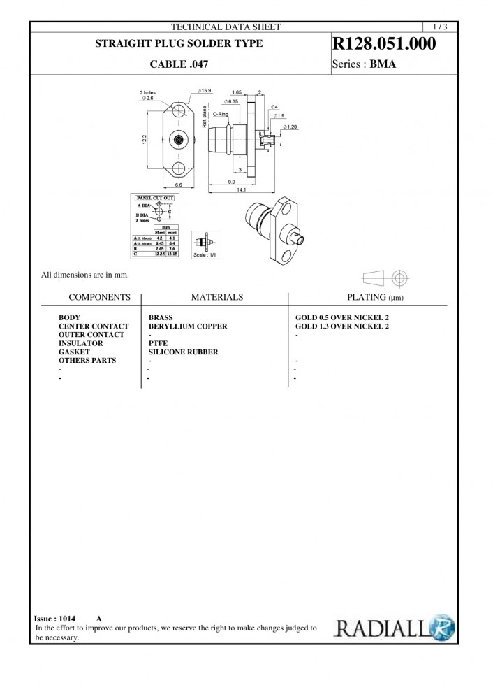 Radiall R128.051.000 technical drawing and materials