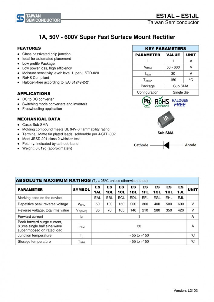 ES1AL datasheet page 1
