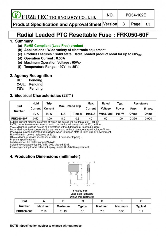 FRK050-60F specification sheet page 1