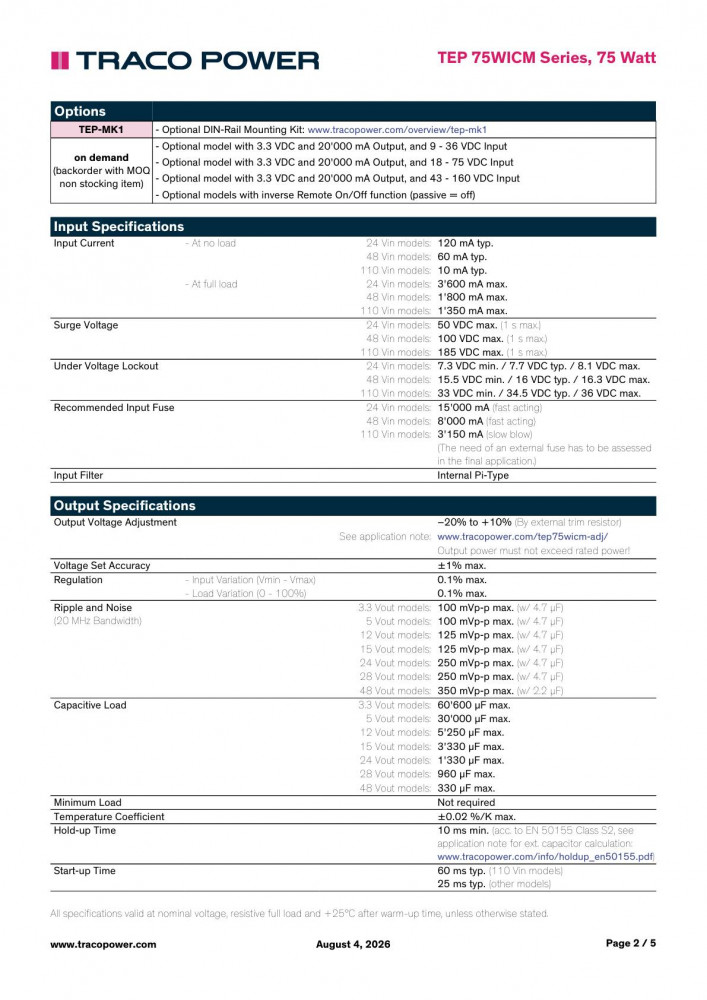 TEP 75WICM technical document, page 2