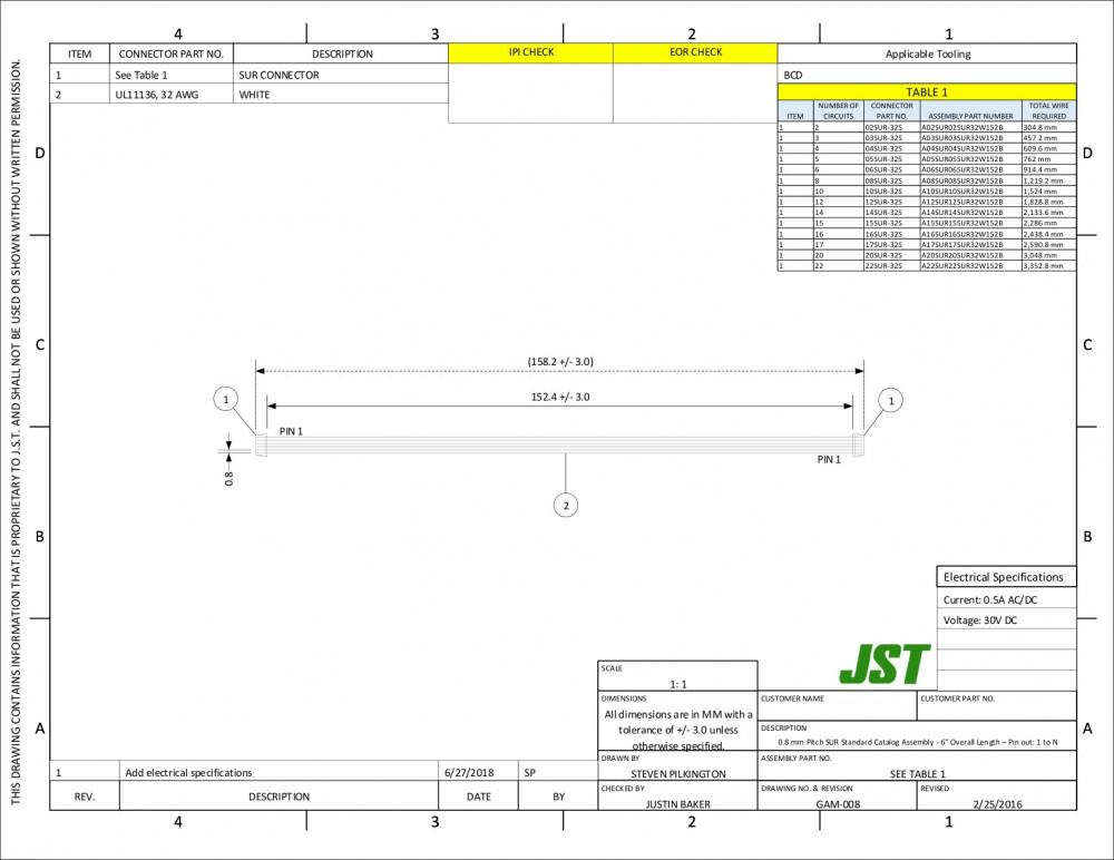 JST SUR connector assembly drawing