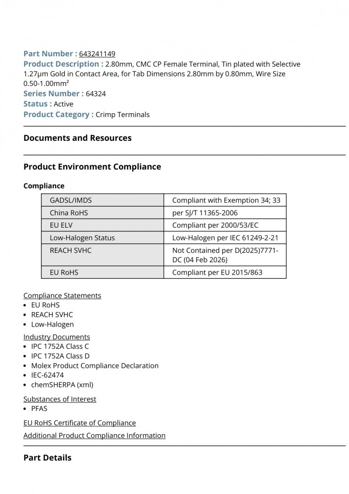 Technical document page 1 for MOLEX 643241149