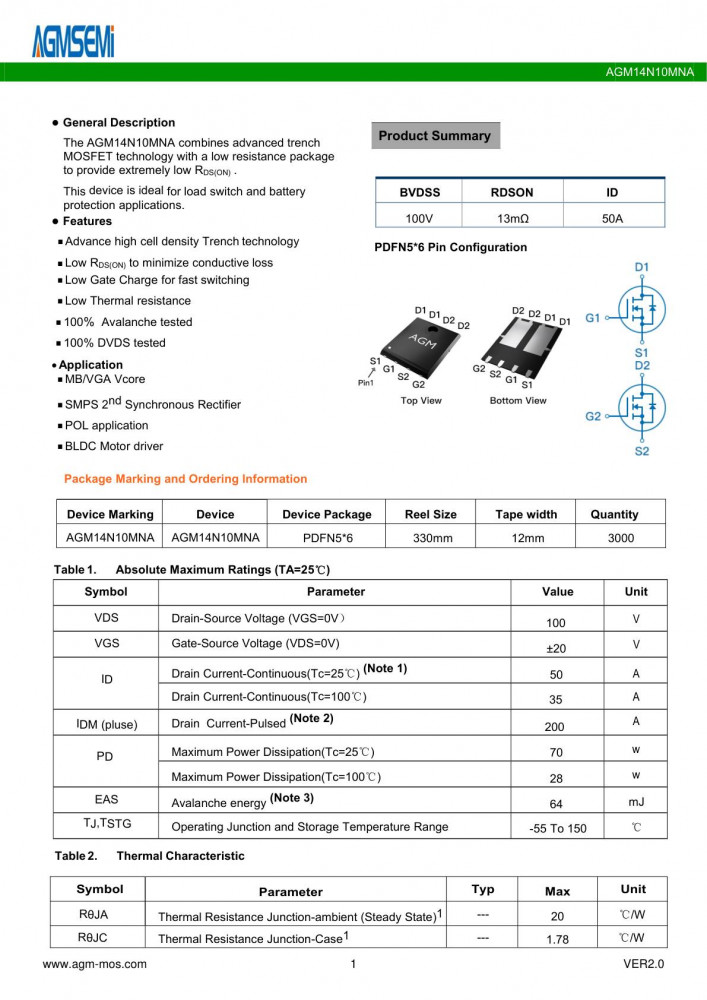 AGM14N10MNA datasheet page 1