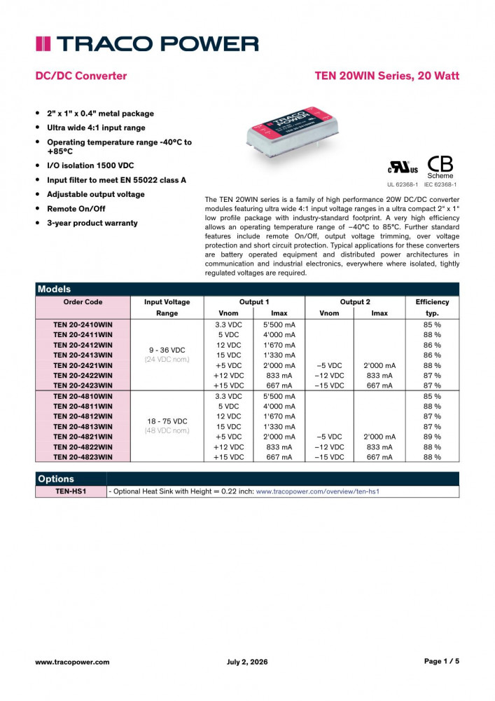 TEN 20WIN series technical document, page 1